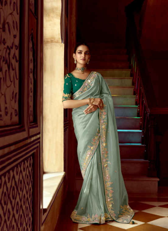 Designer Pure Tissue Saree for Party Wear | Mint Green Embroidered S ...