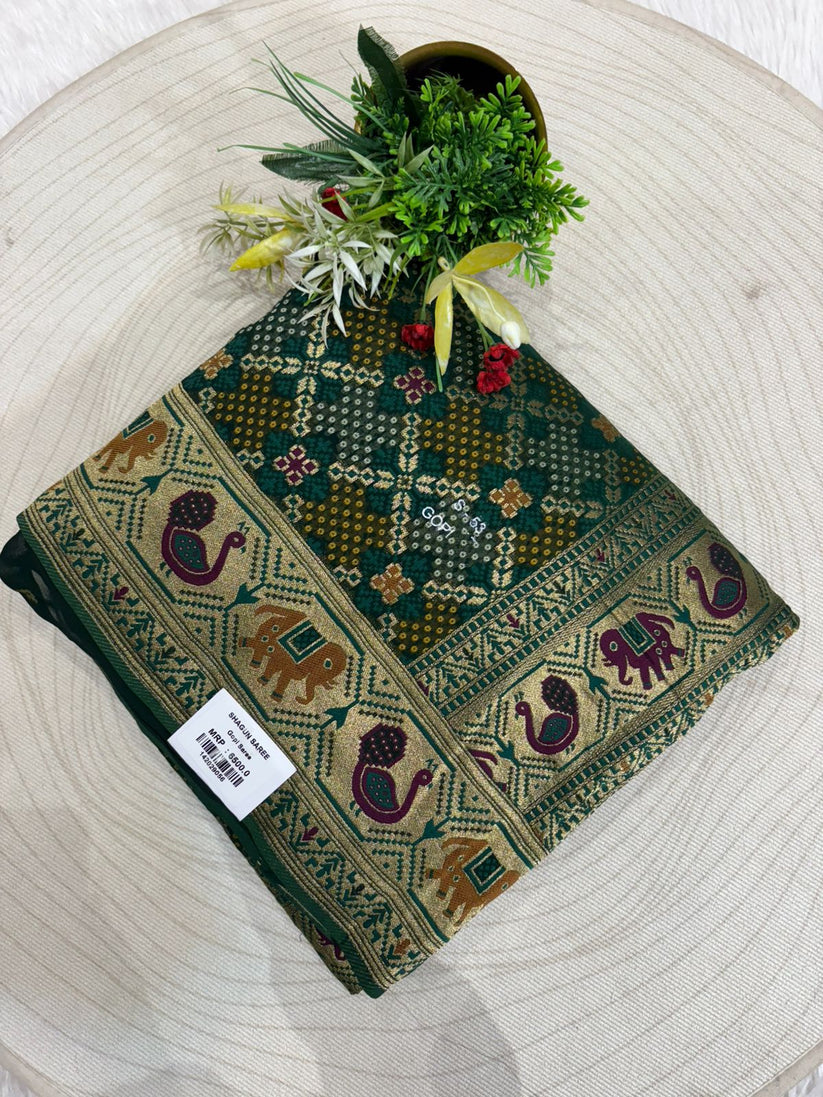 Traditional Janglo Bandhani Silk Saree with Zari Pallu & Elephant Bord ...