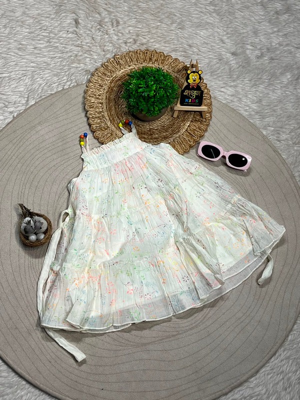 SHAGUN FASHION Cute Off-White Floral Layered Frock with Colorful Bead ...